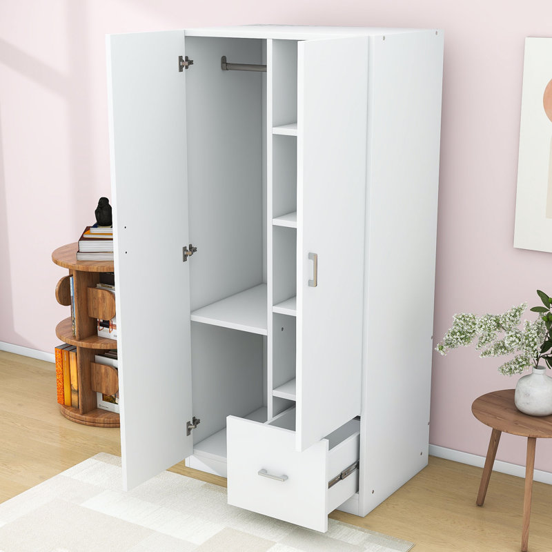 Meyersdale Wood Wardrobe with Double Doors Storage Drawer and Shelves Armoire with Hanging Rod Ebern Designs Finish White